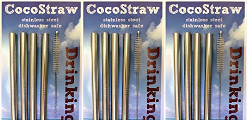 12 Stainless Steel Wide Drink Straws - CocoStraw Large Straight Frozen Smoothie Straw - 12 Pack + 3 Cleaning Brushes