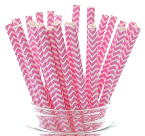 Fuchsia Hot Pink Chevron Straw - 25 Pack - Wedding Paper Party Straws, Princess Candy Striped Straws, Pink Chevron Drinking Straws