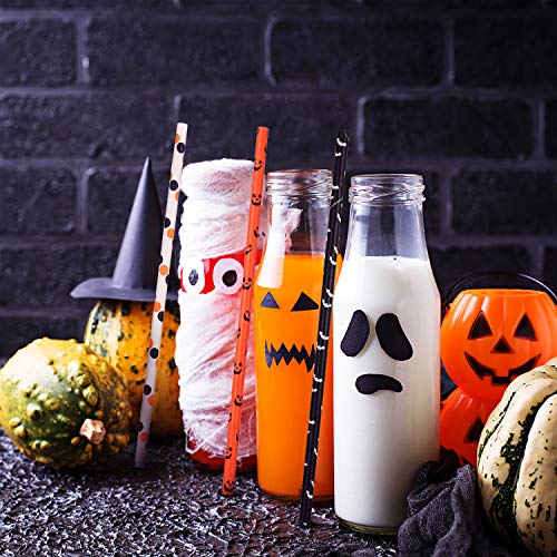 200 Pieces Halloween Paper Straws Black and Orange Striped Dot Print Paper Drinking Straws with Pumpkin Bat Spider Web Skeleton Print for Halloween Party Supplies (Color Set 1)