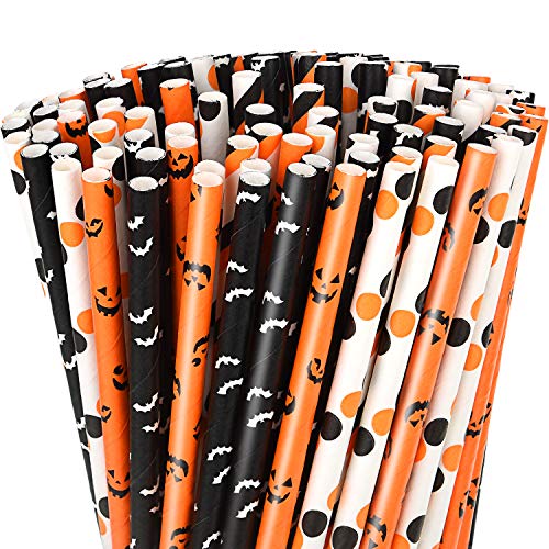 200 Pieces Halloween Paper Straws Black and Orange Striped Dot Print Paper Drinking Straws with Pumpkin Bat Spider Web Skeleton Print for Halloween Party Supplies (Color Set 1)