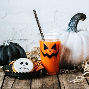 200 Pieces Halloween Paper Straws Black and Orange Striped Dot Print Paper Drinking Straws with Pumpkin Bat Spider Web Skeleton Print for Halloween Party Supplies (Color Set 1)