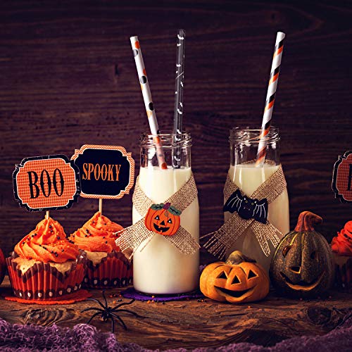 200 Pieces Halloween Paper Straws Black and Orange Striped Dot Print Paper Drinking Straws with Pumpkin Bat Spider Web Skeleton Print for Halloween Party Supplies (Color Set 1)