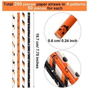 200 Pieces Halloween Paper Straws Black and Orange Striped Dot Print Paper Drinking Straws with Pumpkin Bat Spider Web Skeleton Print for Halloween Party Supplies (Color Set 1)