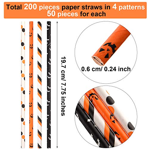 200 Pieces Halloween Paper Straws Black and Orange Striped Dot Print Paper Drinking Straws with Pumpkin Bat Spider Web Skeleton Print for Halloween Party Supplies (Color Set 1)