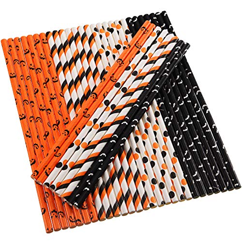 200 Pieces Halloween Paper Straws Black and Orange Striped Dot Print Paper Drinking Straws with Pumpkin Bat Spider Web Skeleton Print for Halloween Party Supplies (Color Set 1)