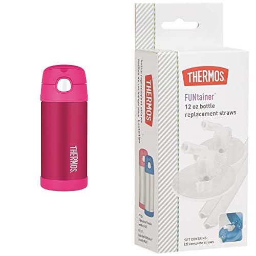 THERMOS FUNTAINER 12 Ounce Stainless Steel Vacuum Insulated Kids Straw Bottle, Pink and Thermos Replacement Straws