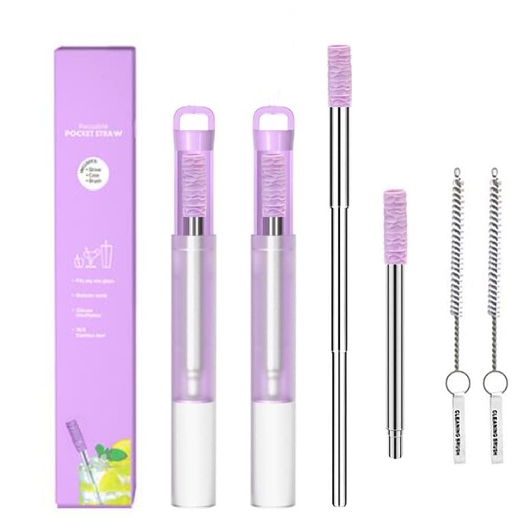 Hoshen 2-Pack Reusable Folding Metal Straw, Outdoor Travel Portable Telescopic Straw, Including Silicone Tip, Cleaning Brush and PP Drawer Shell (Color Box Packaging) - Purple