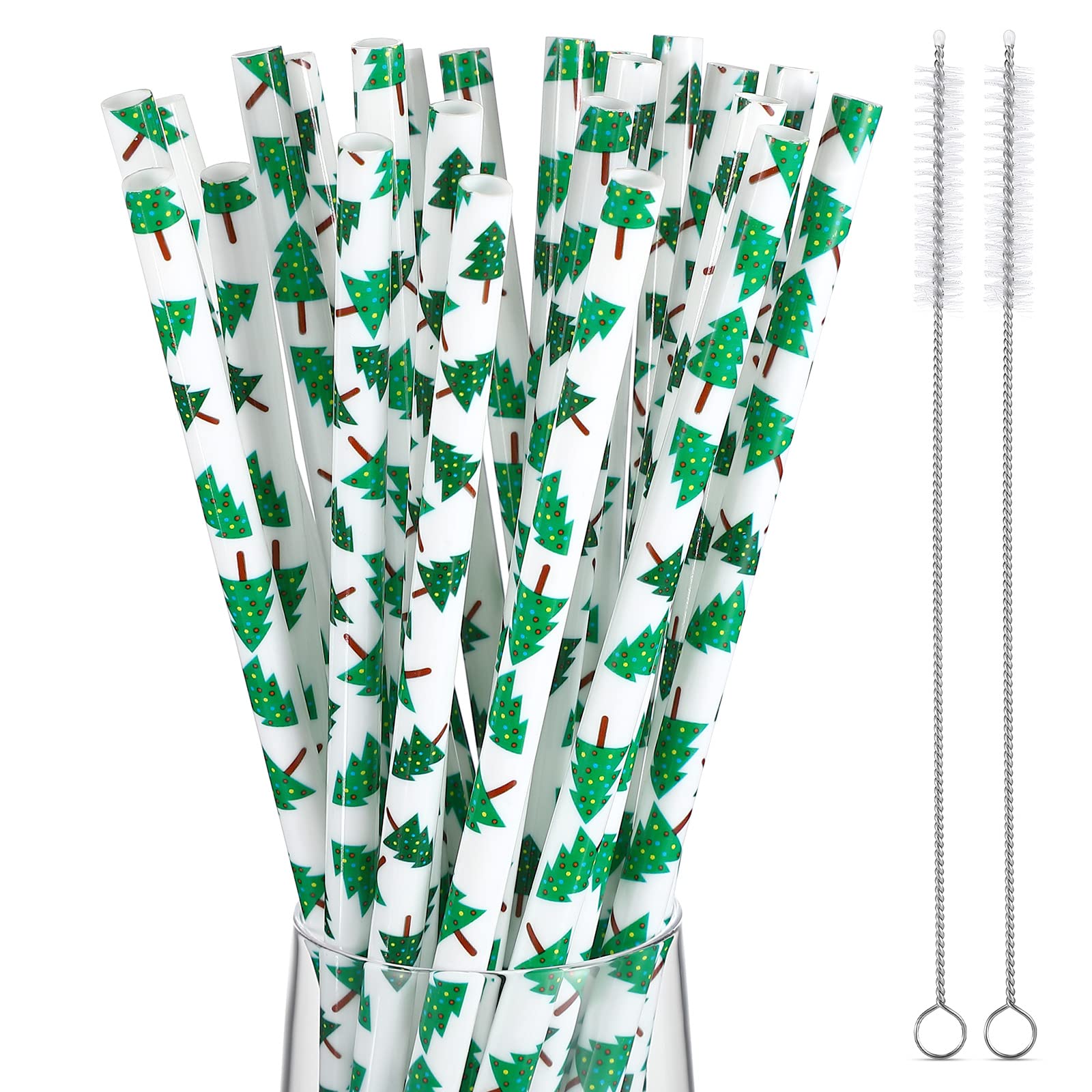 24 Pcs Christmas Plastic Reusable Straws 9 Inch Christmas Tree Drinking Straws Hard Plastic Straws for Tumbler Fun Straws for Party Supplies Family Holiday, with 2 Cleaning Brush