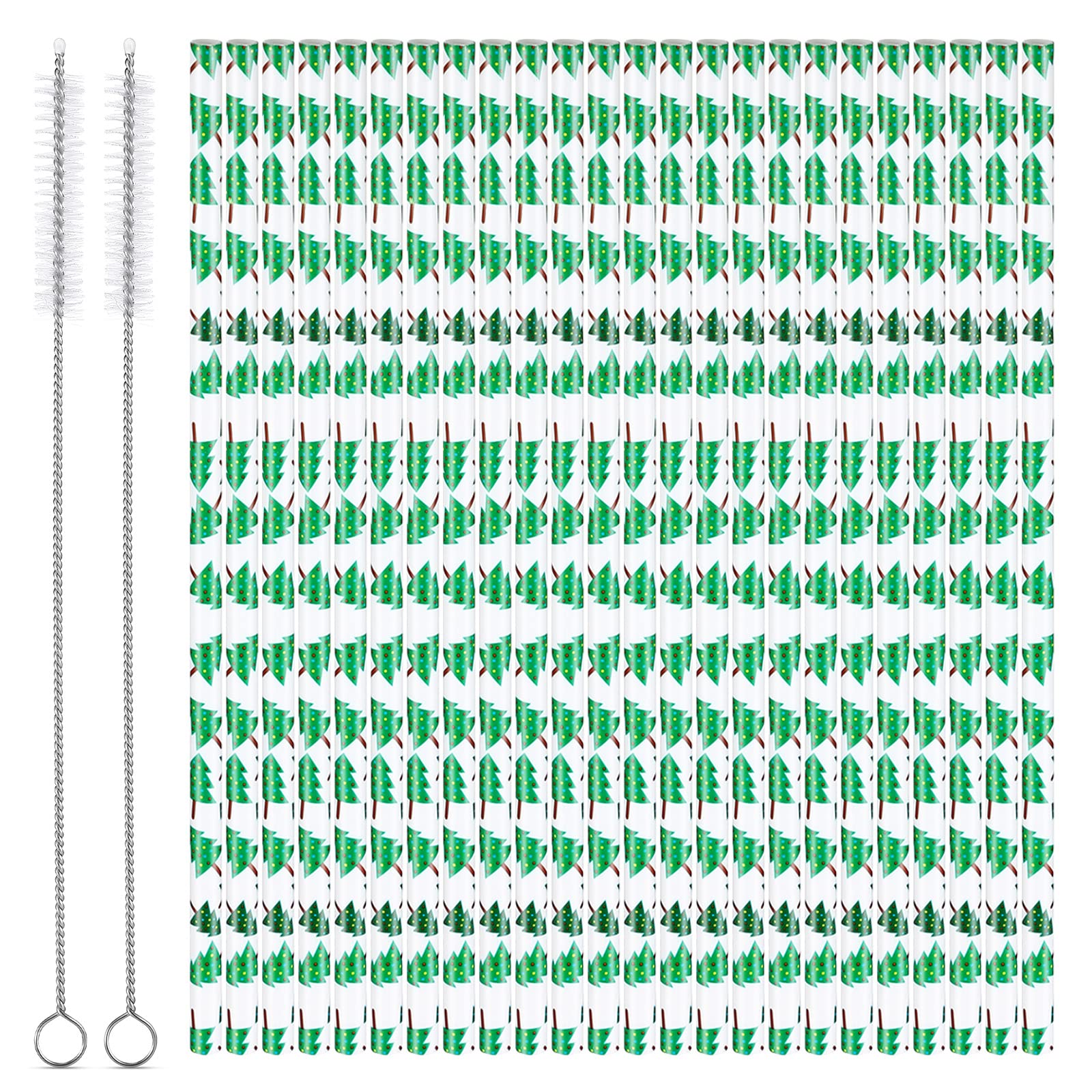 24 Pcs Christmas Plastic Reusable Straws 9 Inch Christmas Tree Drinking Straws Hard Plastic Straws for Tumbler Fun Straws for Party Supplies Family Holiday, with 2 Cleaning Brush