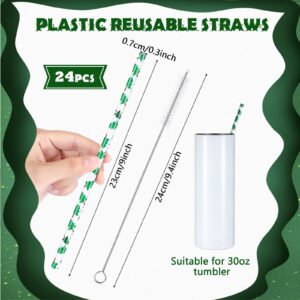 24 Pcs Christmas Plastic Reusable Straws 9 Inch Christmas Tree Drinking Straws Hard Plastic Straws for Tumbler Fun Straws for Party Supplies Family Holiday, with 2 Cleaning Brush