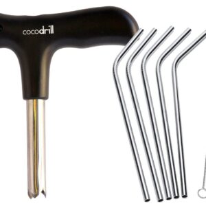 CocoDrill Coconut Opener Tool + 5 Reusable Straws -COMBO PACK - Stainless Steel Drinking - 1 metal straw + Cleaner - Eco Friendly, SAFE, NON-TOXIC