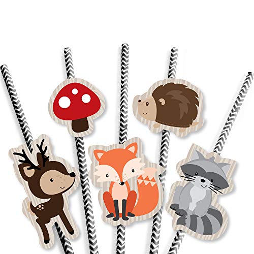 Big Dot of Happiness Woodland Creatures Paper Straw Decor - Baby Shower or Birthday Party Striped Decorative Straws - Set of 24