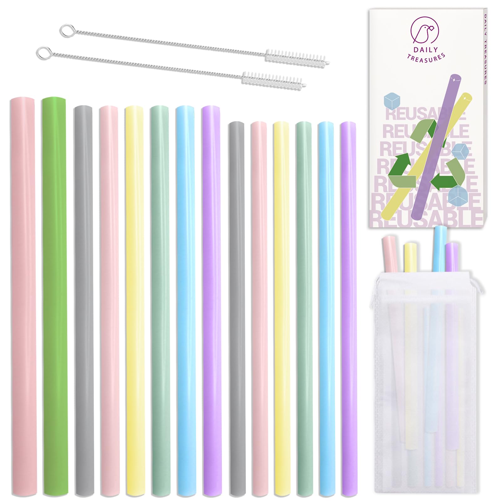 Daily Treasures 14Pcs Silicone Drinking Straws, 3 Sizes Reusable Silicone Straws Straight with 2 Bags & 2 Brushes-Reusable Boba Smoothie Straws for 30 or 20oz Tumblers,Yeti, Ozark(0.5", 0.43", 0.35")