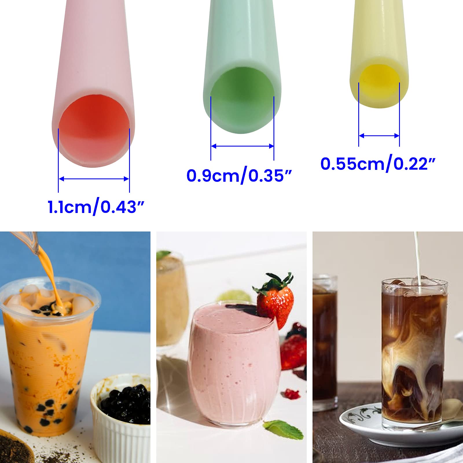 Daily Treasures 14Pcs Silicone Drinking Straws, 3 Sizes Reusable Silicone Straws Straight with 2 Bags & 2 Brushes-Reusable Boba Smoothie Straws for 30 or 20oz Tumblers,Yeti, Ozark(0.5", 0.43", 0.35")