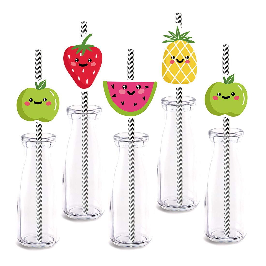 Fruit Party Straw Decor, 24-Pack Tropical Summer Baby Shower Birthday Party Decorations, Paper Decorative Straws