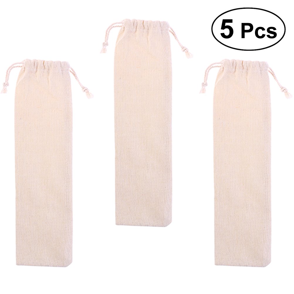 BESTonZON 5 Pcs Cotton and Linen Pouch Bag Straw Carrying Case for Stainless Steel Drinking Straws Cutlery Fork Spoon Storage