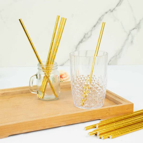 TABLECLOTHSFACTORY 50 Pack | 8" Metallic Gold Foil Food Grade Paper Drinking Straws, Biodegradable Disposable Party Straws