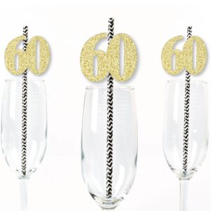 gold glitter 60 party straws - no-mess real gold glitter cut-out numbers & decorative 60th birthday party paper straws - set of 24