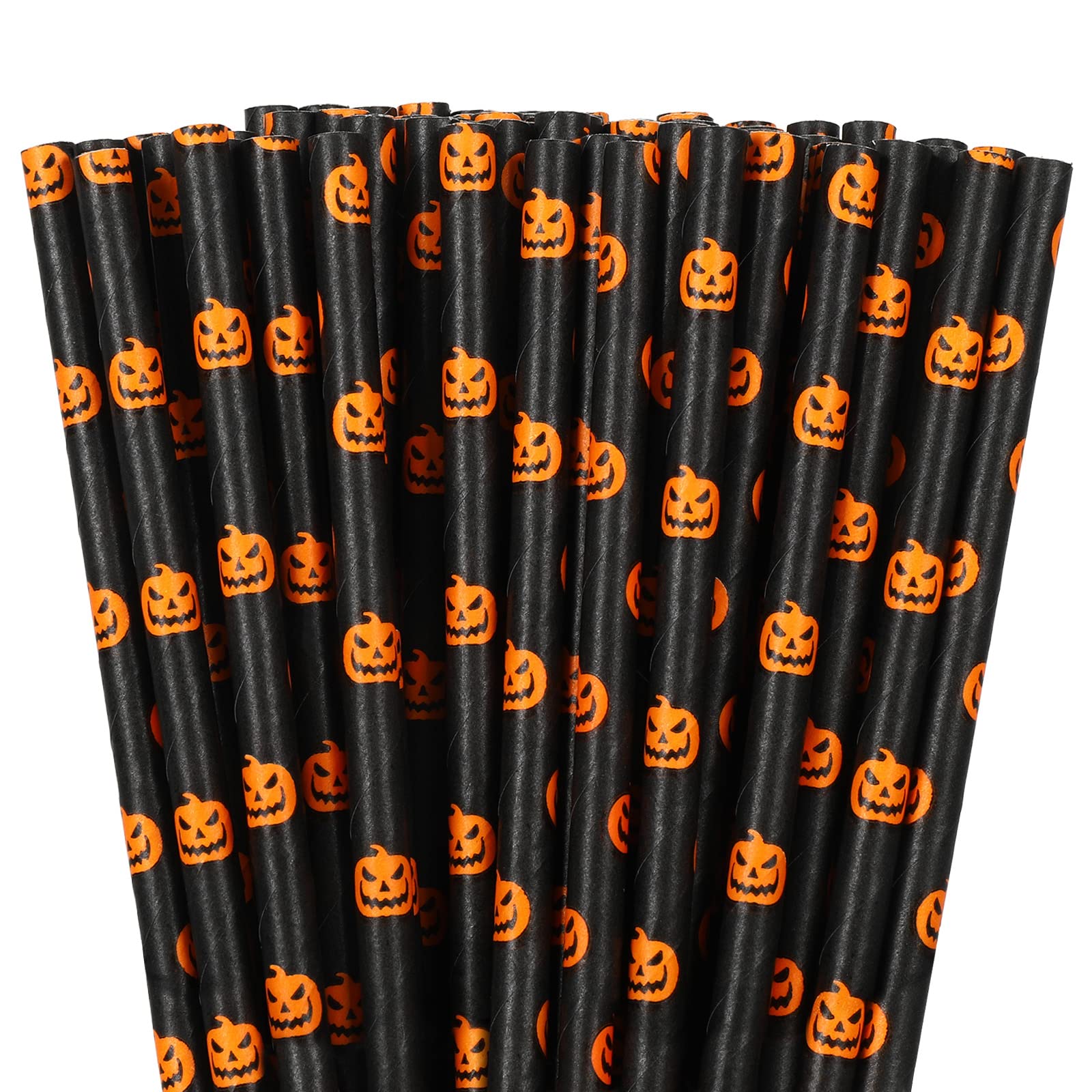 Whaline 200Pcs Halloween Paper Straws Horror Pumpkin Pattern Disposable Straws Orange Black Pumpkin Face Printed Drinking Straws Party Straws Bulk for Cocktail Juices Halloween Party Supplies