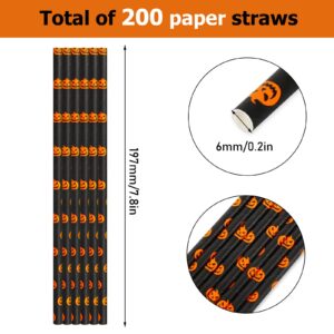 Whaline 200Pcs Halloween Paper Straws Horror Pumpkin Pattern Disposable Straws Orange Black Pumpkin Face Printed Drinking Straws Party Straws Bulk for Cocktail Juices Halloween Party Supplies