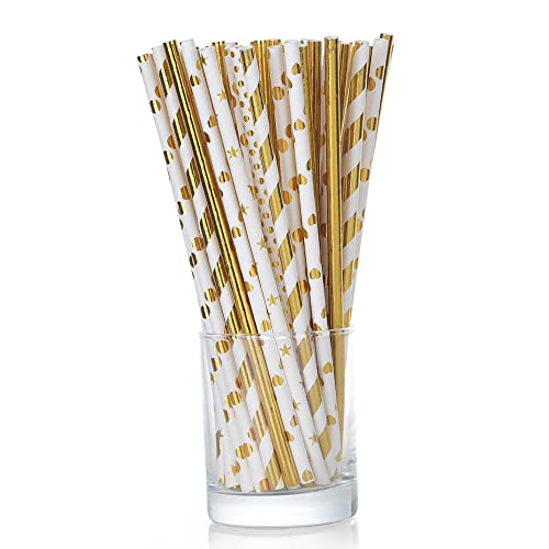 100 packs of gold mixed paper straws biodegradable drink milkshake juice smoothies coffee cocktail drinks birthday baby shower wedding party Wedding bar supplies decor