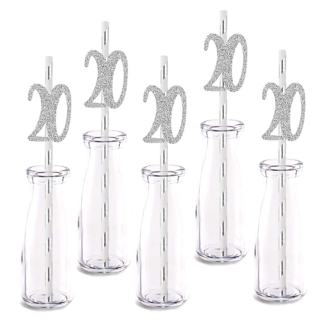 Silver Happy 20th Birthday Straw Decor, Silver Glitter 24pcs Cut-Out Number 20 Party Drinking Decorative Straws, Supplies