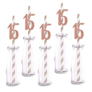 rose happy 15th birthday straw decor, rose gold glitter 24pcs cut-out number 15 party drinking decorative straws, supplies