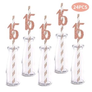 Rose Happy 15th Birthday Straw Decor, Rose Gold Glitter 24pcs Cut-Out Number 15 Party Drinking Decorative Straws, Supplies