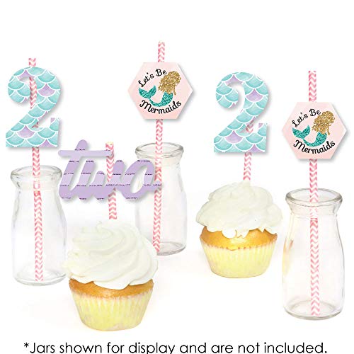 2nd Birthday Let's Be Mermaids - Paper Straw Decor - Second Birthday Party Striped Decorative Straws - Set of 24