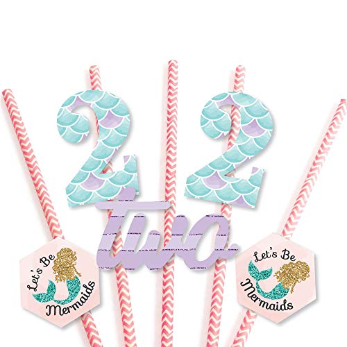 2nd Birthday Let's Be Mermaids - Paper Straw Decor - Second Birthday Party Striped Decorative Straws - Set of 24