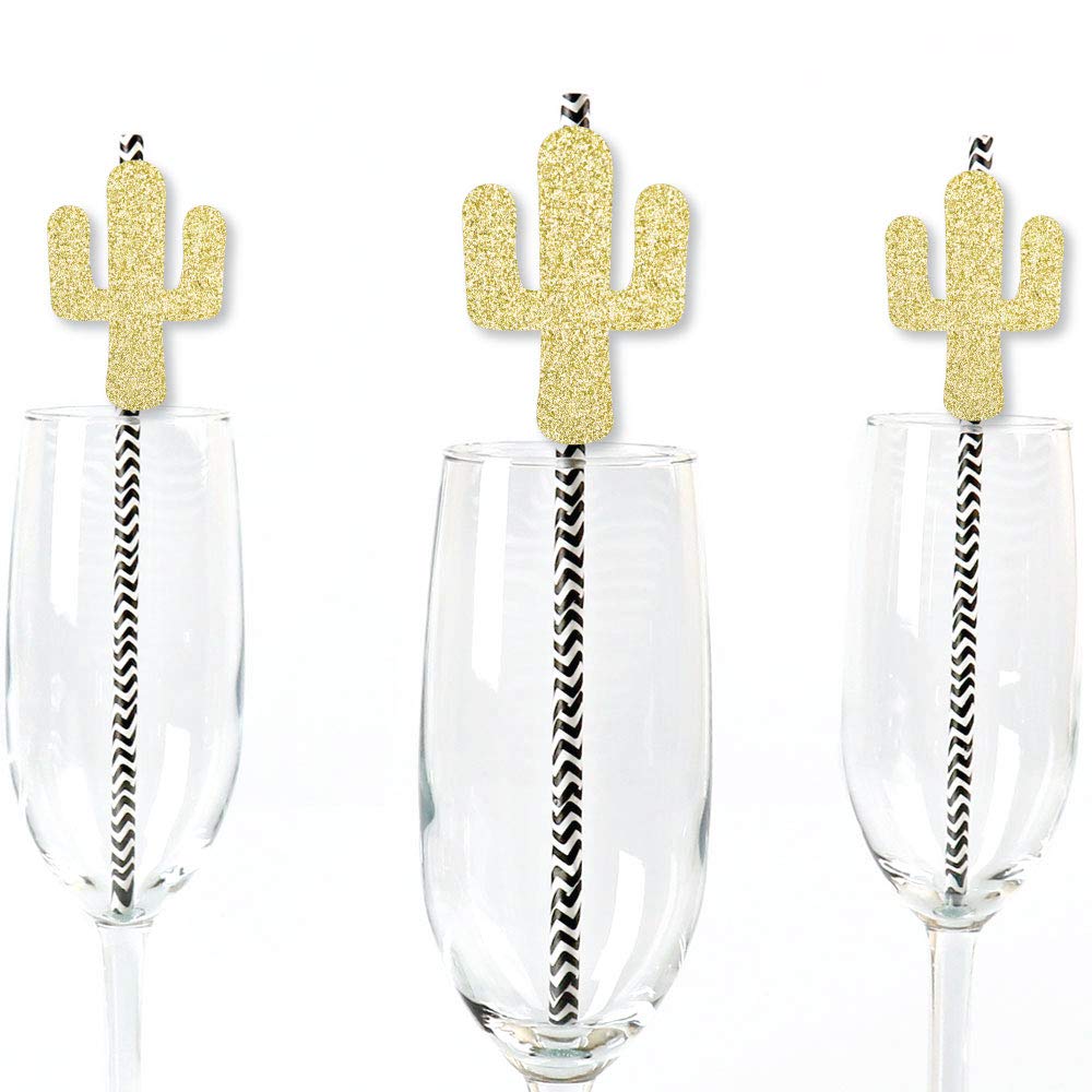 Big Dot of Happiness Gold Glitter Cactus Party Straws - No-Mess Real Gold Glitter Cut-Outs and Decorative Christmas Cactus Party Paper Straws - Set of 24