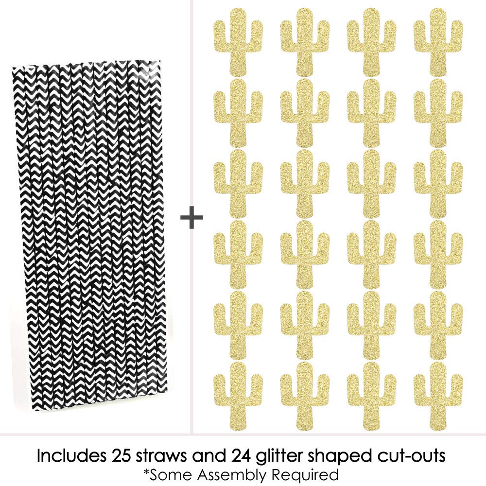 Big Dot of Happiness Gold Glitter Cactus Party Straws - No-Mess Real Gold Glitter Cut-Outs and Decorative Christmas Cactus Party Paper Straws - Set of 24