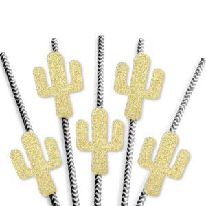 Big Dot of Happiness Gold Glitter Cactus Party Straws - No-Mess Real Gold Glitter Cut-Outs and Decorative Christmas Cactus Party Paper Straws - Set of 24