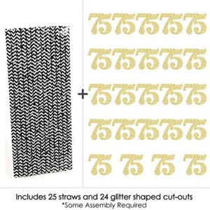 Gold Glitter 75 Party Straws - No-Mess Real Gold Glitter Cut-Out Numbers & Decorative 75th Birthday Party Paper Straws - Set of 24