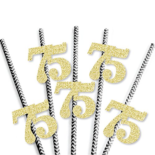 Gold Glitter 75 Party Straws - No-Mess Real Gold Glitter Cut-Out Numbers & Decorative 75th Birthday Party Paper Straws - Set of 24