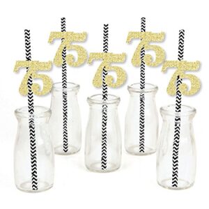 Gold Glitter 75 Party Straws - No-Mess Real Gold Glitter Cut-Out Numbers & Decorative 75th Birthday Party Paper Straws - Set of 24