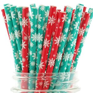 Snowflake Party Straws (50 Pack - Red & Teal) - Winter Holiday Christmas Party Supplies, Snowflake Paper Straws, Snowman / Red & Green Frozen Party Decorations