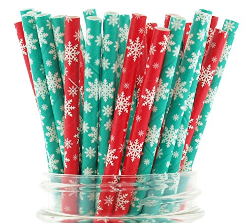 Snowflake Party Straws (50 Pack - Red & Teal) - Winter Holiday Christmas Party Supplies, Snowflake Paper Straws, Snowman / Red & Green Frozen Party Decorations