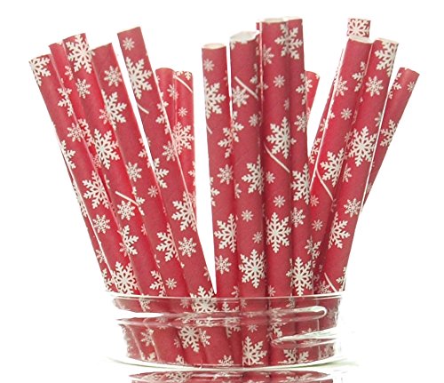 Snowflake Party Straws (50 Pack - Red & Teal) - Winter Holiday Christmas Party Supplies, Snowflake Paper Straws, Snowman / Red & Green Frozen Party Decorations