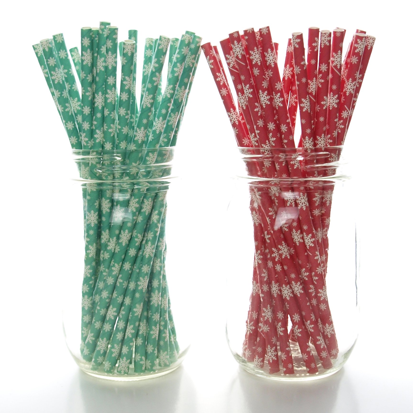 Snowflake Party Straws (50 Pack - Red & Teal) - Winter Holiday Christmas Party Supplies, Snowflake Paper Straws, Snowman / Red & Green Frozen Party Decorations