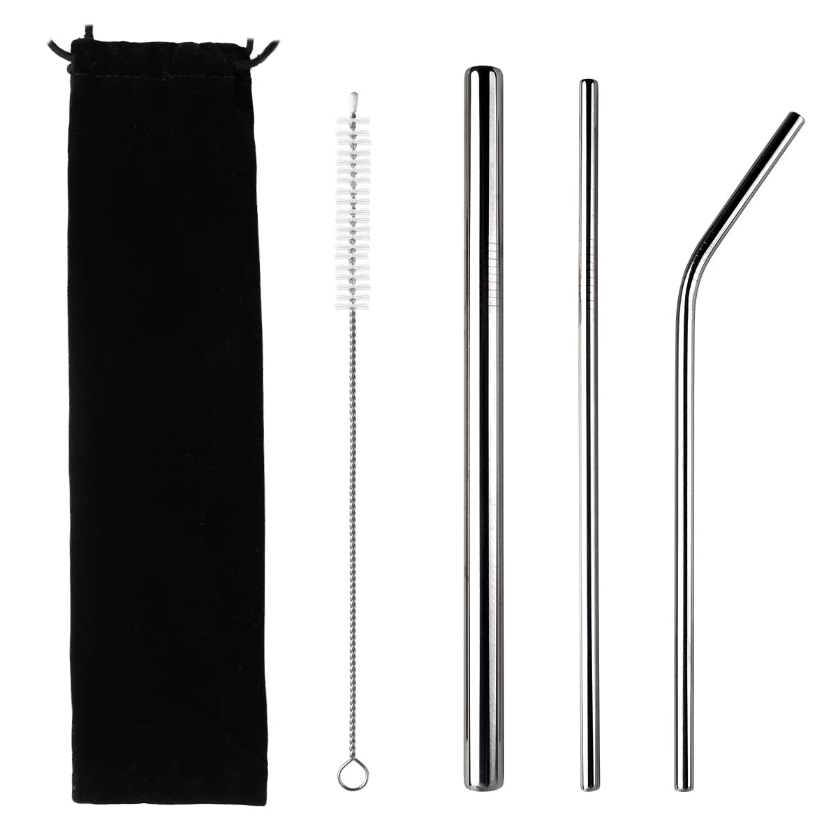 Sefuez 3-pcs 8.4''Reusable Stainless Steel Metal Straws with Cleaning Brush and Carry Bags,Long Drinking Metal Straw for 20 24 30 oz Tumbler,Dishwasher Safe(2 Straight|1 Bent|1 Brush)