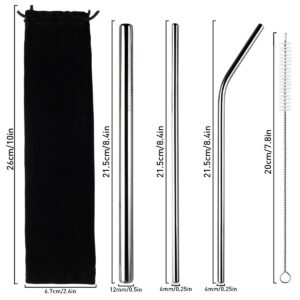 Sefuez 3-pcs 8.4''Reusable Stainless Steel Metal Straws with Cleaning Brush and Carry Bags,Long Drinking Metal Straw for 20 24 30 oz Tumbler,Dishwasher Safe(2 Straight|1 Bent|1 Brush)