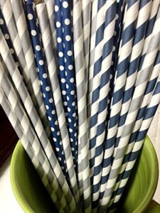 125 navy and silver paper straws - party diy, mason jars, baby shower, chevron and polka dots