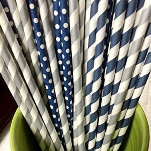 125 Navy and silver Paper Straws - Party DIY, Mason Jars, Baby Shower, Chevron and Polka Dots