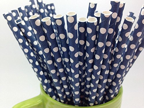 125 Navy and silver Paper Straws - Party DIY, Mason Jars, Baby Shower, Chevron and Polka Dots