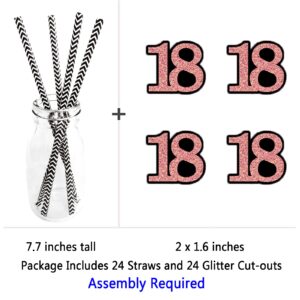 18th Birthday Straw Decor Paper, Rose Gold Glitter Cut-Out Numbers 18 Years Happy Birthday Anniversary Party Supplies Drinking Decoration, Set of 24