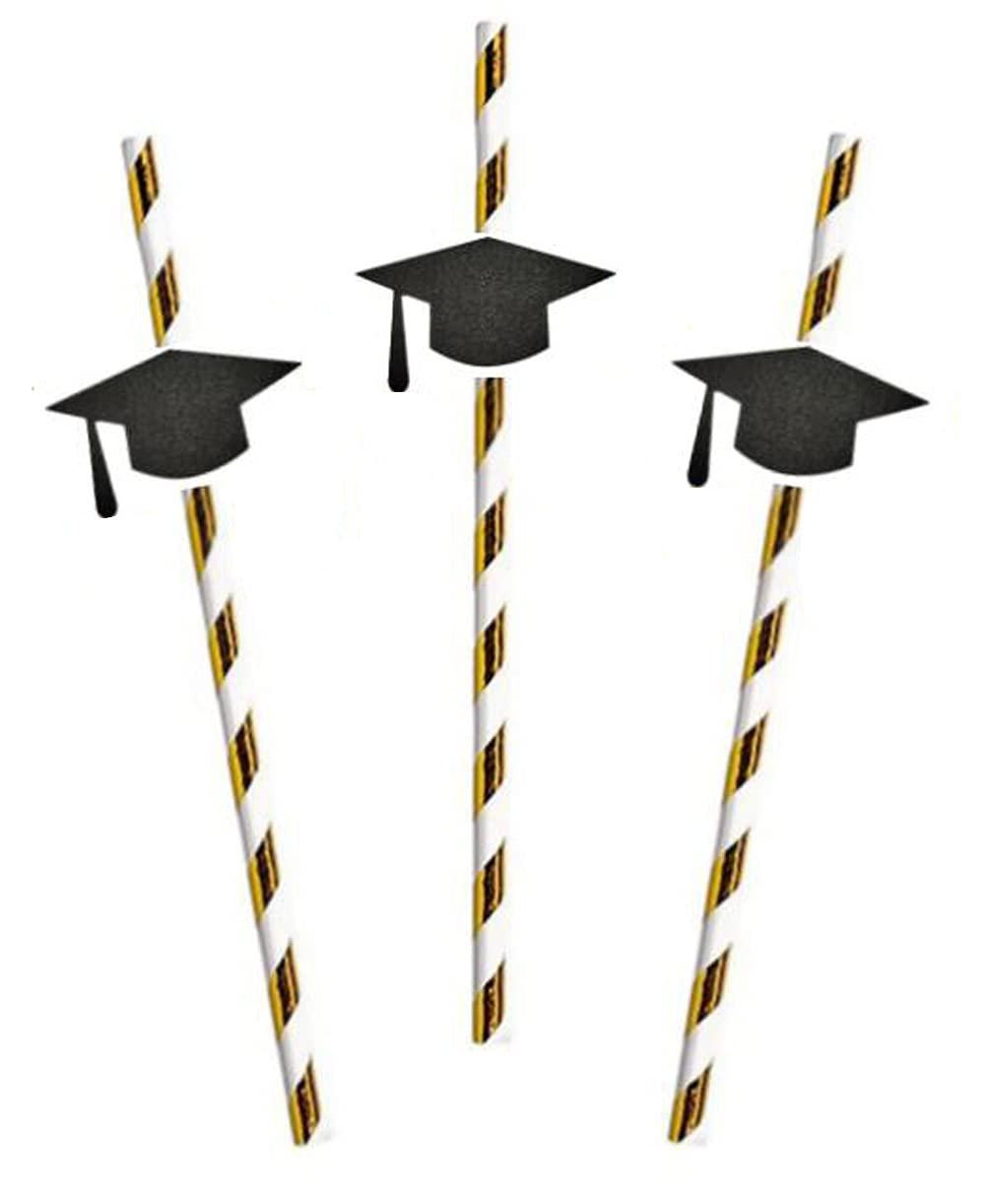 24 Set of Gold Paper Straws with Black Graduation Hat for Graduation Party Decoration (Black2)