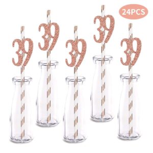 Rose Happy 39th Birthday Straw Decor, Rose Gold Glitter 24pcs Cut-Out Number 39 Party Drinking Decorative Straws, Supplies