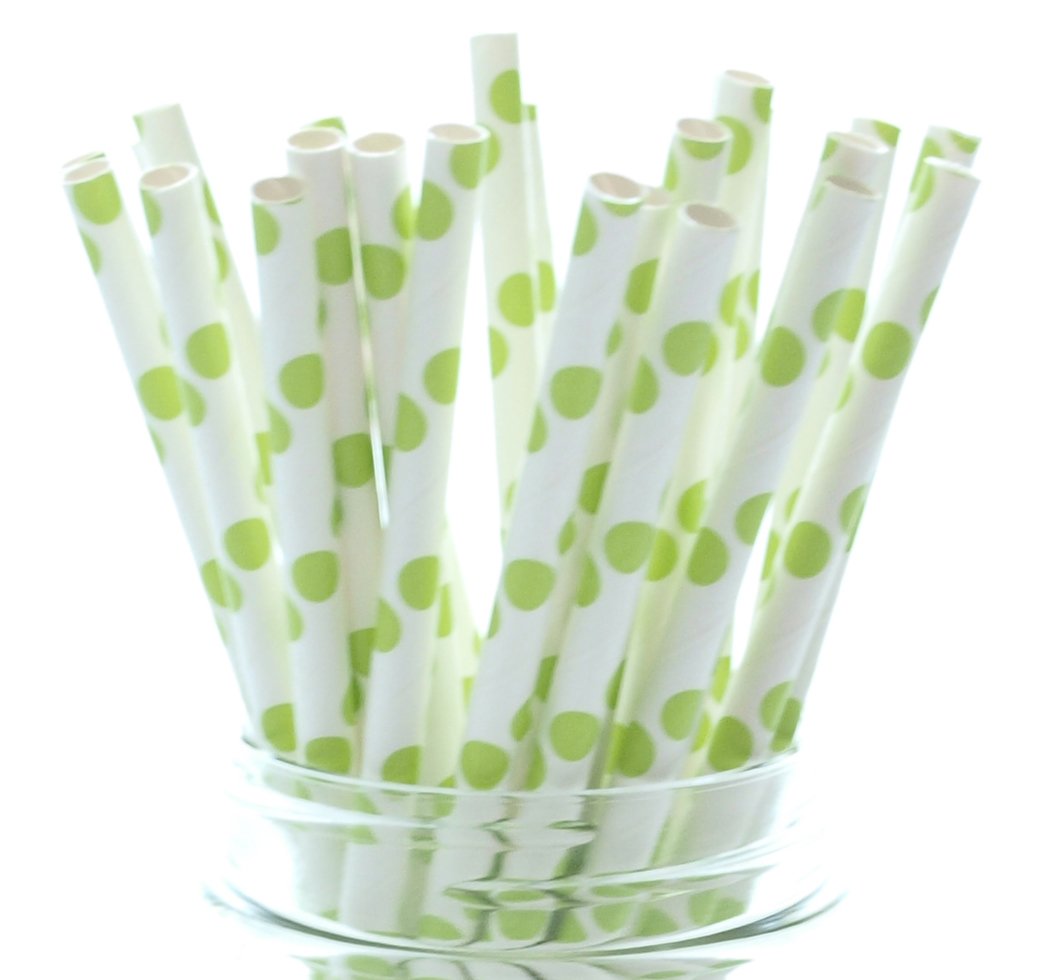 Green Polka Dots Party Paper Straws - 25 Pack - Mason Jar Wedding Straws, Decorative Drinking Straws, Green Polka Dot Straws