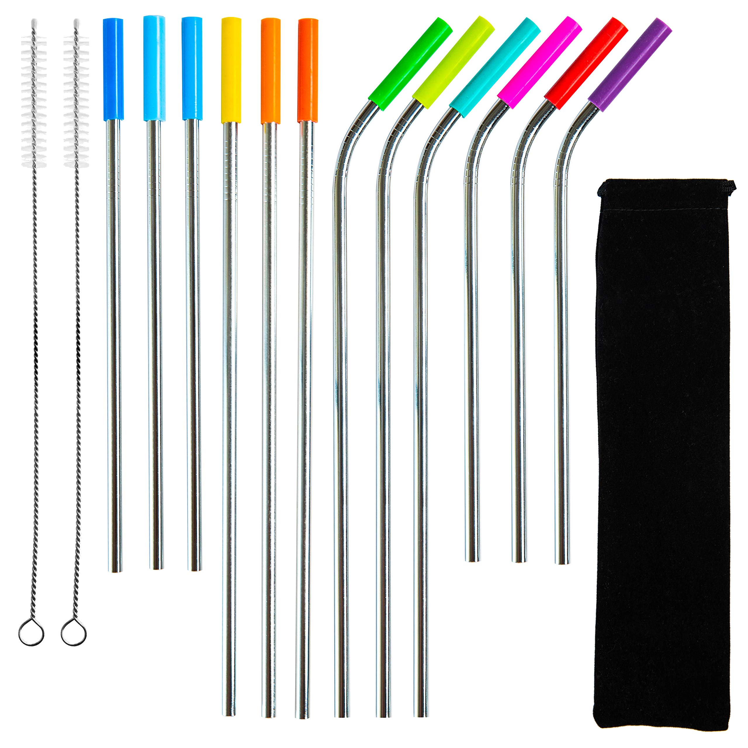 Youngever Stainless Steel Straws with Silicone Tips, 12 Pack, 10.5 Inch and 8.5 Inch Reusable Drinking Straws for 20 30 Ounce Tumblers Cups Mugs, with Food-Grade Silicone Tips and Brush